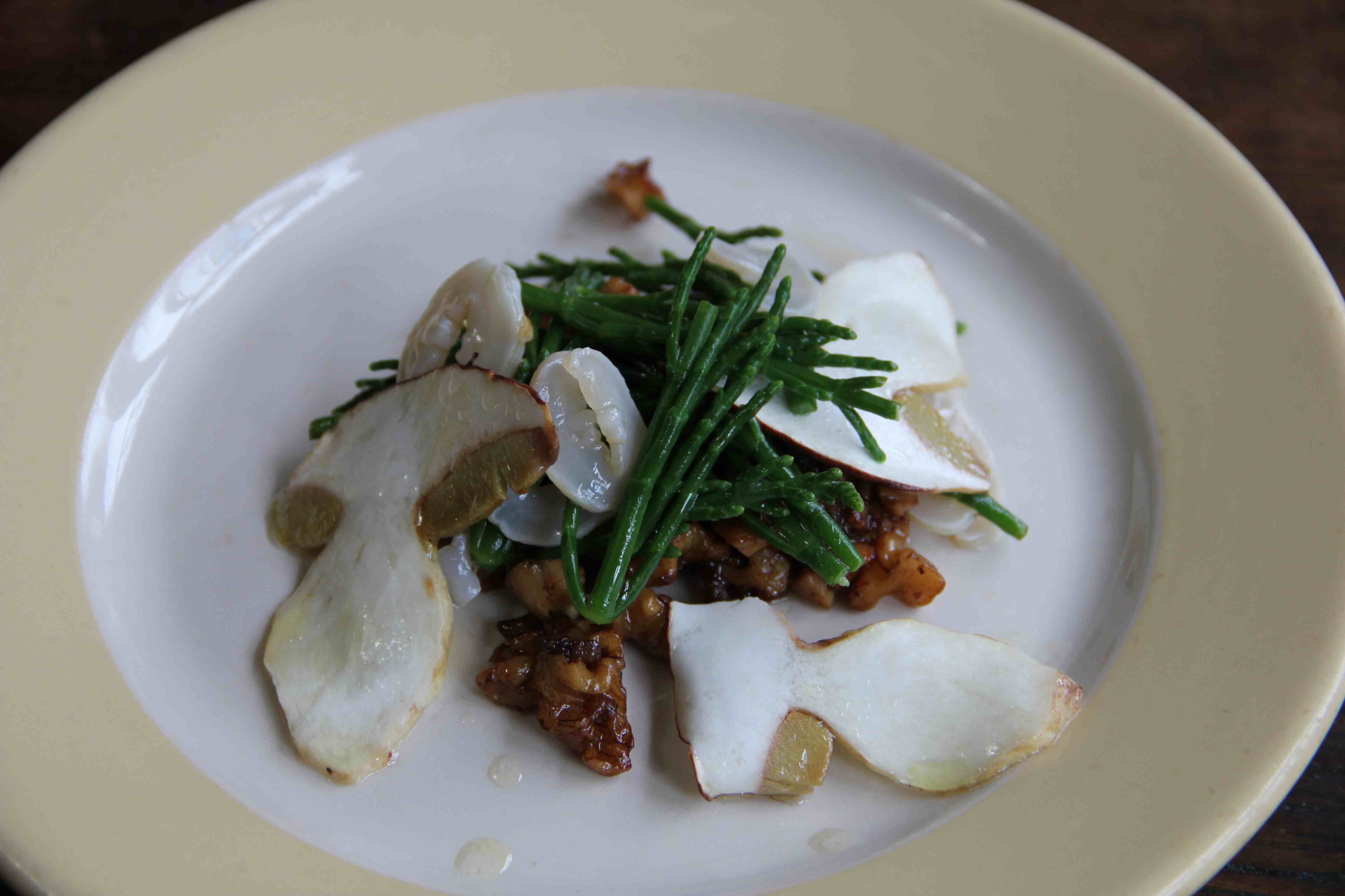 Geoduck with seabeans, nuts and mushrooms | The Perennial Plate